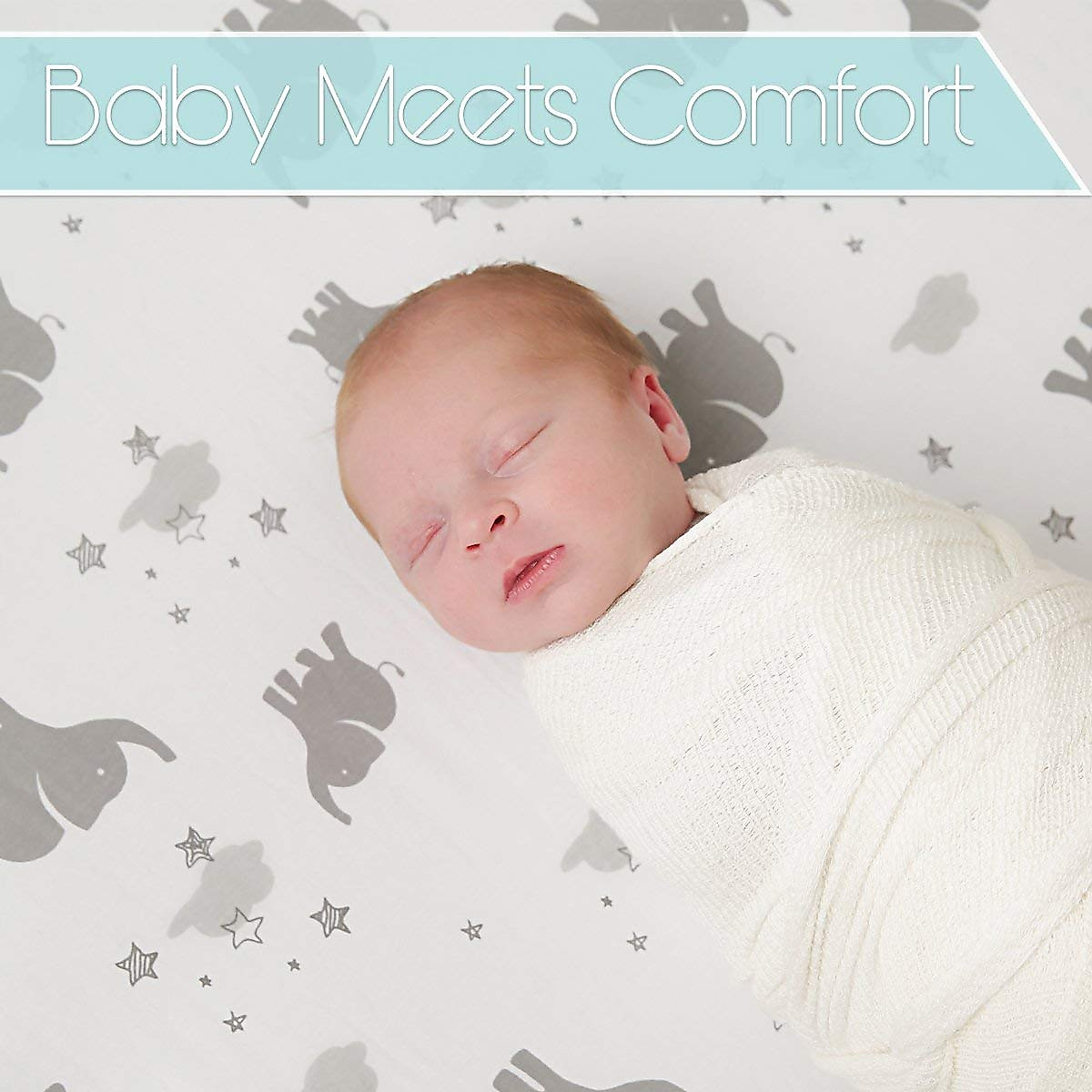 Kids N’ Such Pack N Play Fitted Sheet Set for Pack N Play Mattress Pad, Elephants, Stars, & Clouds, 2 Pack