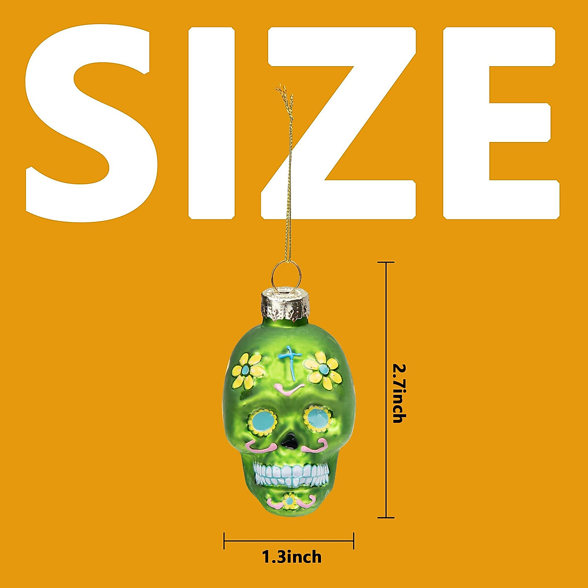 Watayo 12 PCS Day of The Dead Glass Ornaments-Dia De Los Muertos Sugar Skull Ornaments-Halloween Hanging Skeleton Head Decorations for Party Xmas Tree Decoration