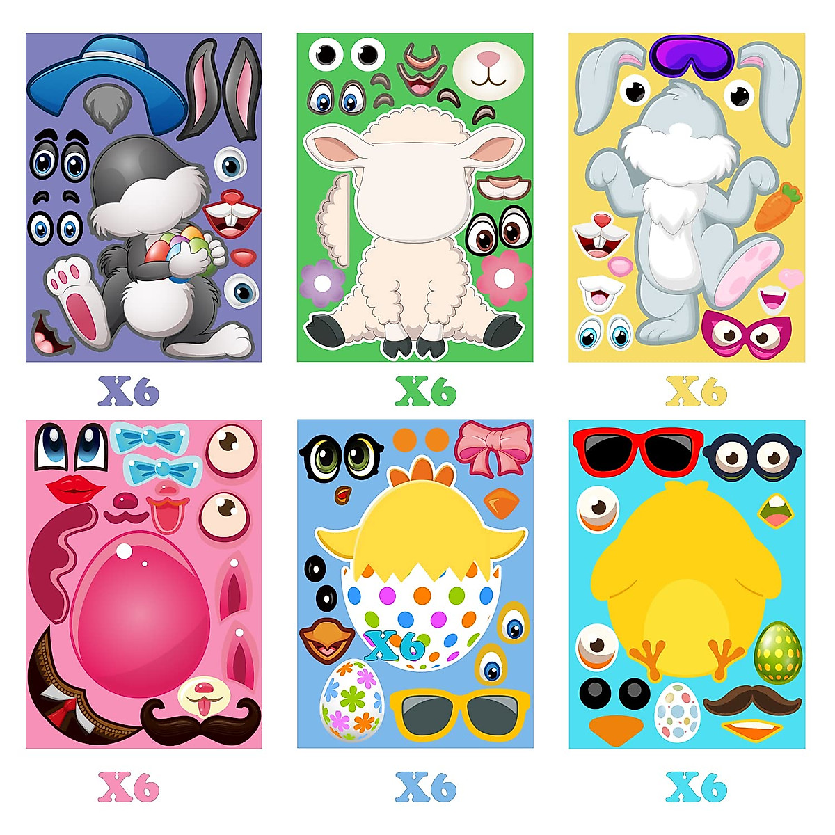 ROCWOHO 36 PCS Mix and Match Make Your Own Stickers with Easter Egg, Bunny, Chicken, Sheep, Easter Decorations Party Favor Supplies Game Birthday School Classroom Supplies DIY Art Crafts for Kids