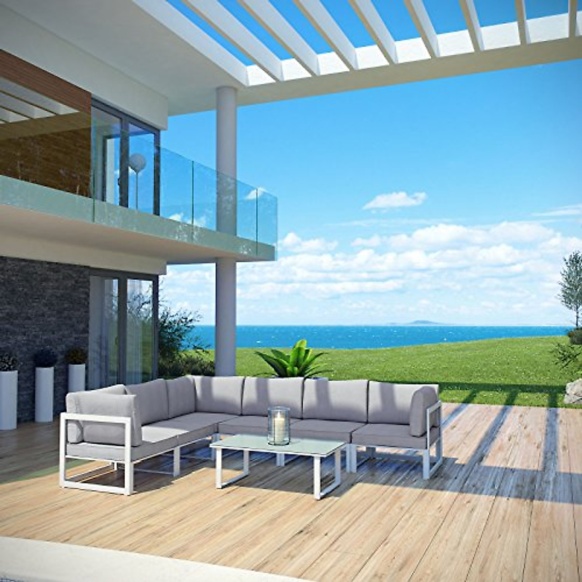 Modway Fortuna Aluminum 7-Piece Outdoor Patio Sectional Sofa Furniture Set with Cushions in White Gray