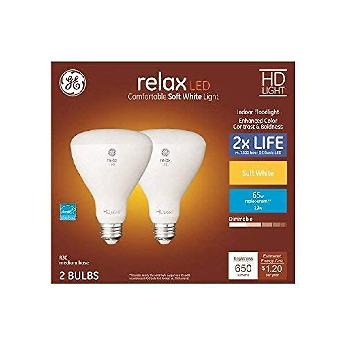 GE Relax 2-Pack 65 W Equivalent Dimmable Soft White Br30 LED Light Fixture Light Bulb