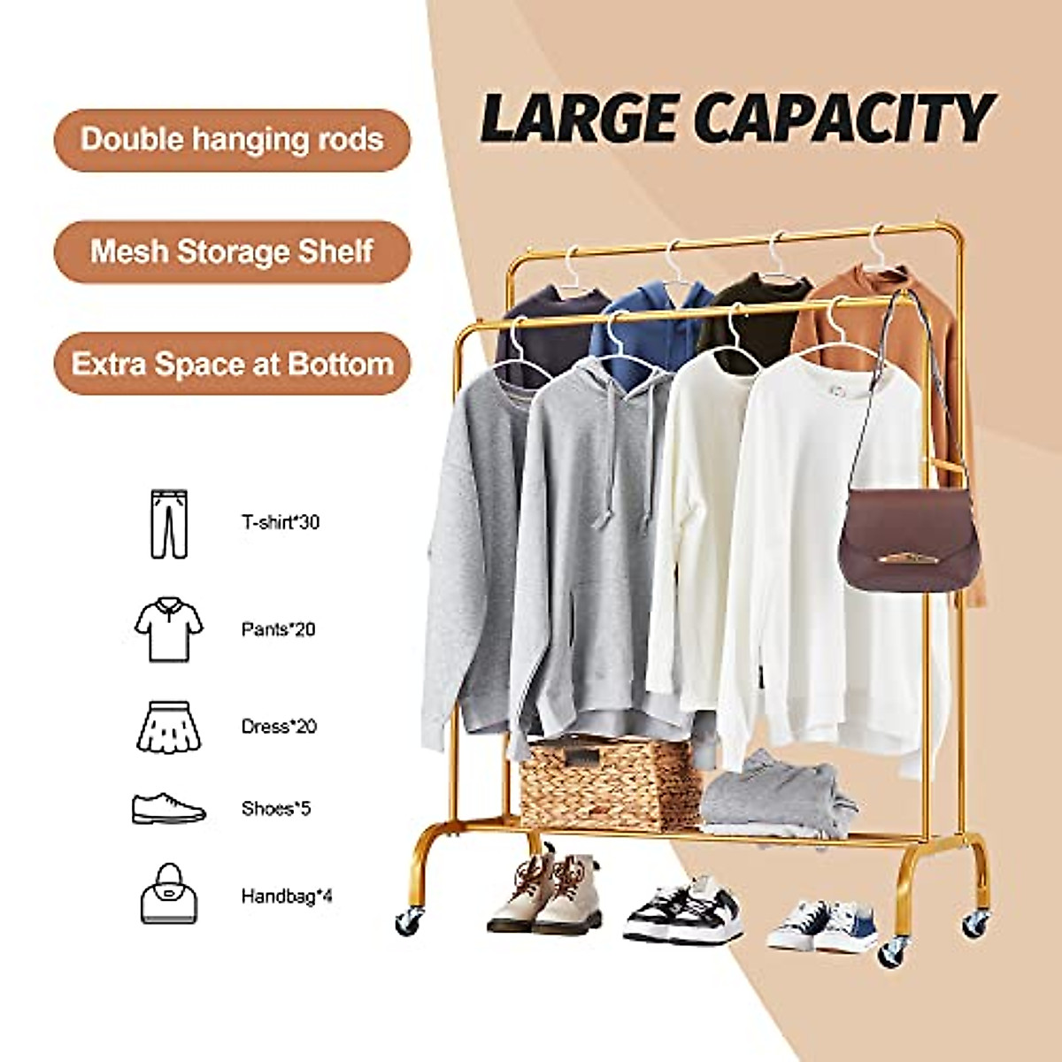 Sapodilla Double Rod Garment Rack with Shelf,Heavy Duty Hanging Clothes Rack with Wheels,Rolling Clothing Rack for Hanging Clothes,Clothes Hanger Rack,Metal Frame,Gold