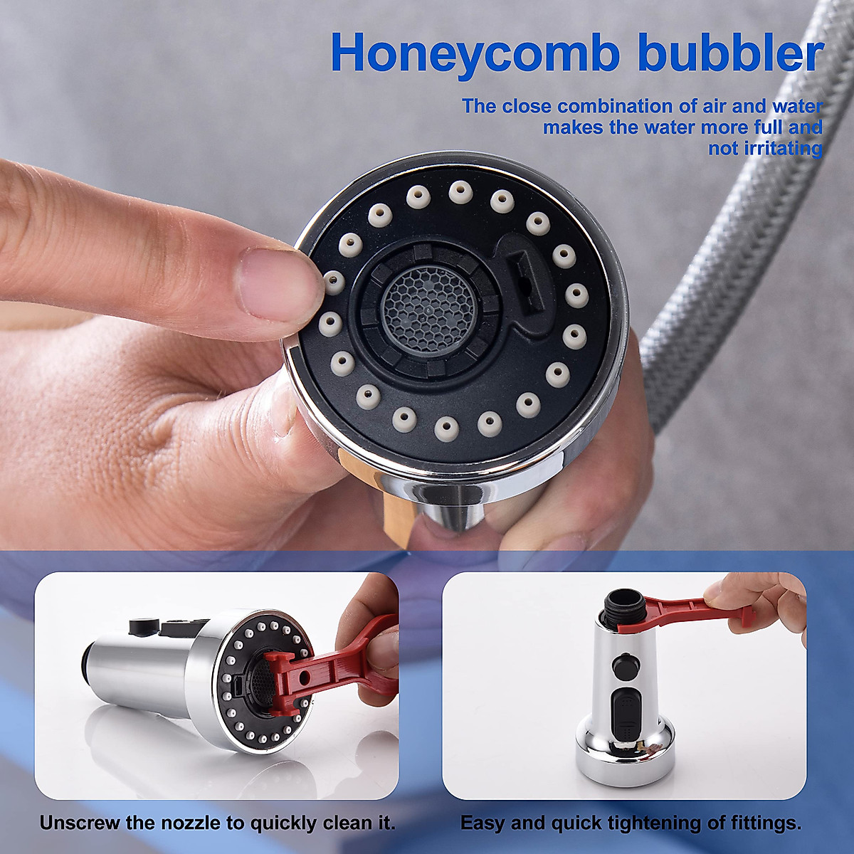 【UPDATED】Pull Down Kitchen Faucet Sprayer Head Replacement Part, 3 Function Pull Out Sink Sprayer Replacement Nozzle, Kitchen Faucet Head Hose Spray Tap Spout, Chrome