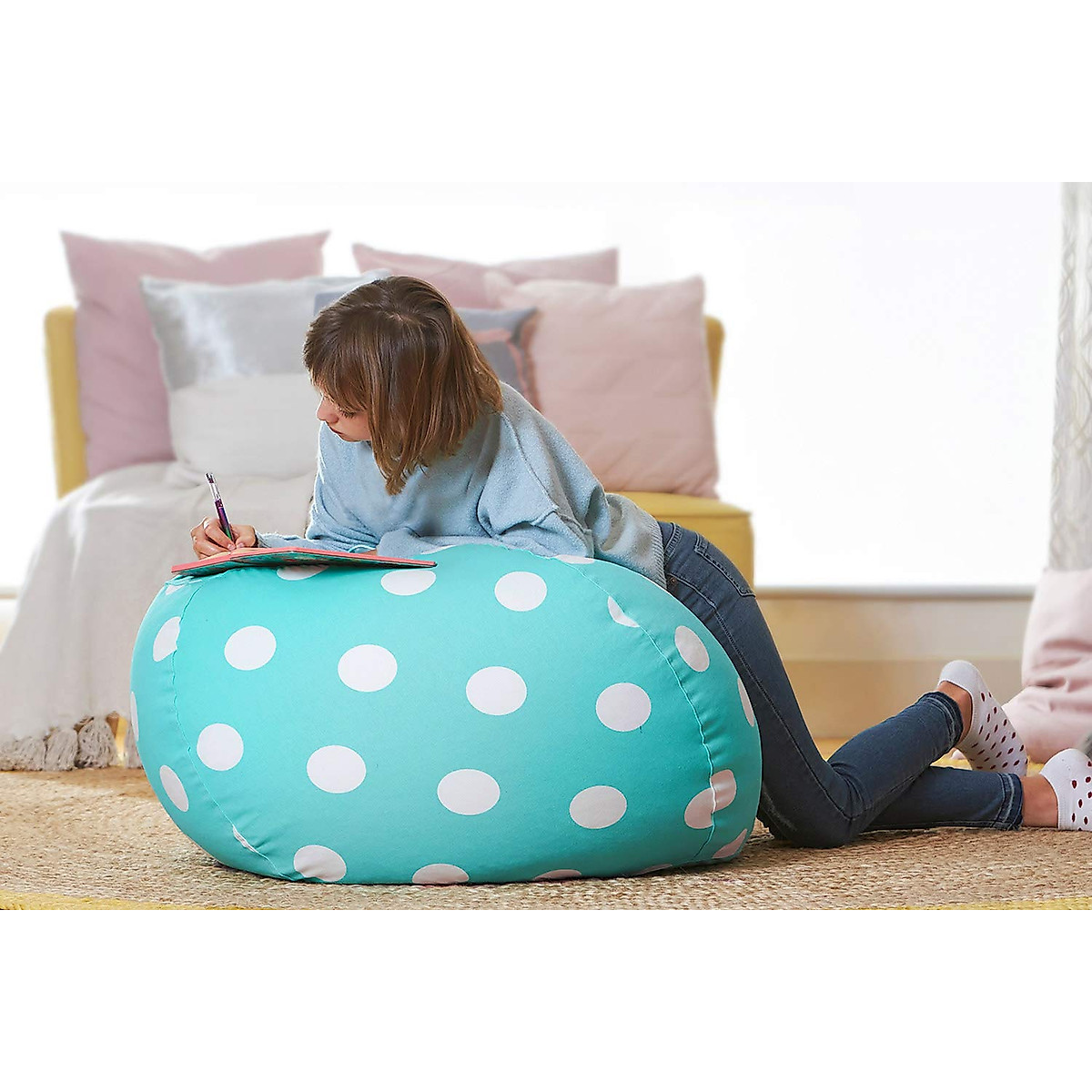 Aubliss Stuffed Animal Bean Bag Storage Chair, Beanbag Covers Only for Organizing Plush Toys, Turns into Bean Bag Seat for Kids When Filled, Large 38"-Canvas Dot Light Aqua