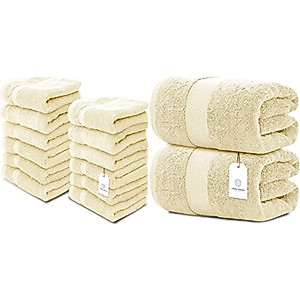 White Classic Luxury Cotton Washcloths | 12 Pack Luxury Bath Sheet | 2 Pack Bundle (Beige)
