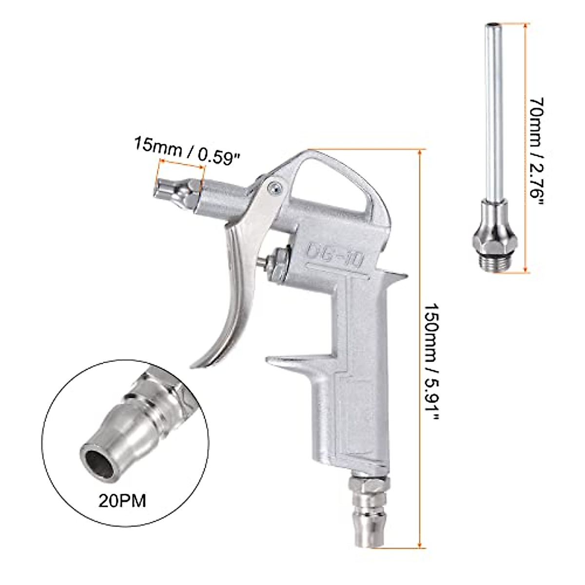 HARFINGTON Air Blow Gun Stainless Steel High Pressure Dust Blower Gun with Extension Air Tool 150mm Handle for Cleaning Car Computer Dust, Silver Tone