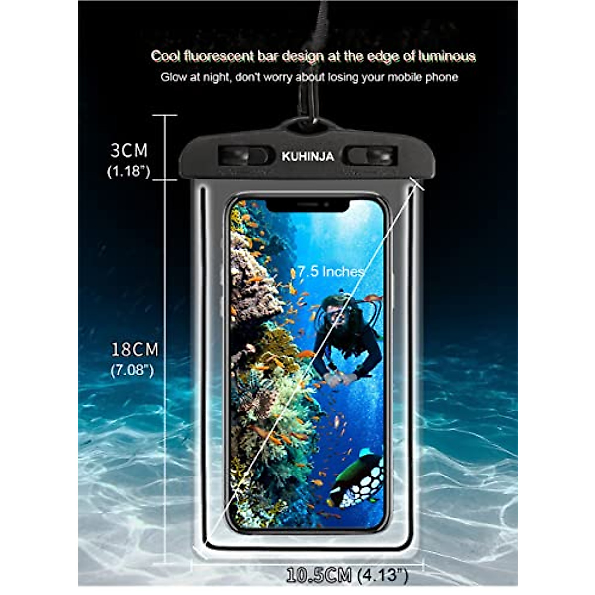 2-Pack Waterproof Phone Pouch, Universal Waterproof Phone Case, IPX8 Dry Bag Underwater with Lanyard for iPhone 13 12 11 Pro Max Samsung S21 S10 etc. up to 7.5 inch (Fluorescent Black)