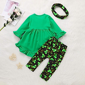 St. Patrick's Day Toddler Girl Outfit Long Sleeves Top+Clovers Pants+Scarf Toddler Girl St Patrick's Day Clothes (Dark Green, 5-6T)