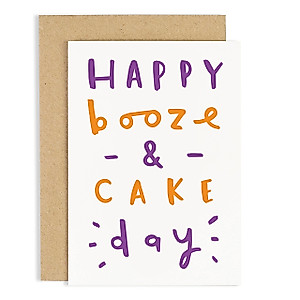 Old English Co. Happy Booze Cake Day Funny Birthday Card for Him Her - Cute Funny Happy Birthday for Mum, Dad, Borther, Sister, Friend | Joke Humour Design | Blank Inside & Envelope Included