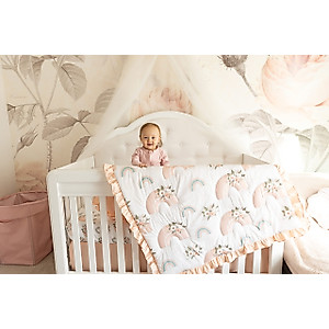 Noisy Mouse - Boho Rainbow, Premium, 100% Organic Cotton 4-Piece Baby Nursery Bedding Crib Set | Baby Comforter | 2 X Fitted Crib Sheets | Crib Skirt (Peach, Teal, White)