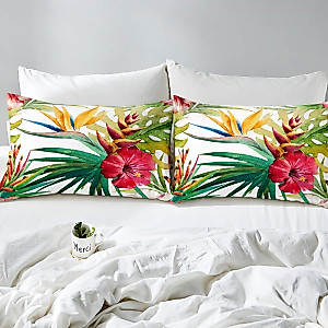 Tropical Tree Plant Duvet Cover Set Queen Size with Zipper Closure, Watercolor Red Hibiscus Flower Pattern Printed Comforter Cover,Palm Leaves Bedding Sets with 2 Pillow Cases,Soft,Green Pink