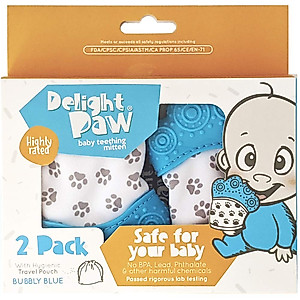 Delight Paw Baby Teething Mitten Mom Designed | Self Soothing Pain Relief | Hygienic Travel Bag | No BPA | Baby Boy Baby Girl | Babies Over 3 Months | Bubbly Blue | 2 Pack