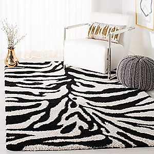 SAFAVIEH Florida Shag Collection Area Rug - 8' x 10', Ivory & Black, Zebra Print Design, Non-Shedding & Easy Care, 1.2-inch Thick Ideal for High Traffic Areas in Living Room, Bedroom (SG452-1290)