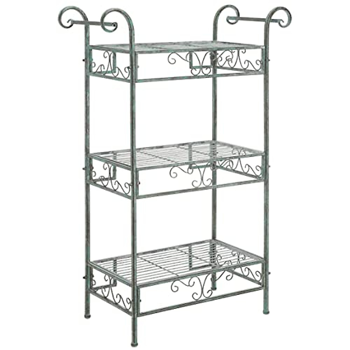 SAFAVIEH Outdoor Collection Noreen Victorian Scroll Antique Dark Green Wrought Iron 3-Tier Shelf