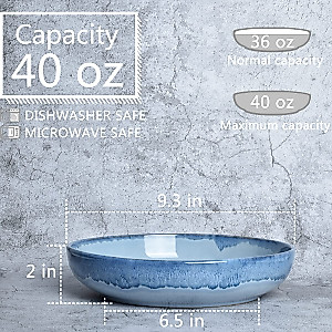 Bosmarlin Stoneware Large Pasta Bowls, Set of 4, 40 Oz, Big Salad Bowls, Microwave and Dishwasher Safe (Light Blue, 9.3 in)