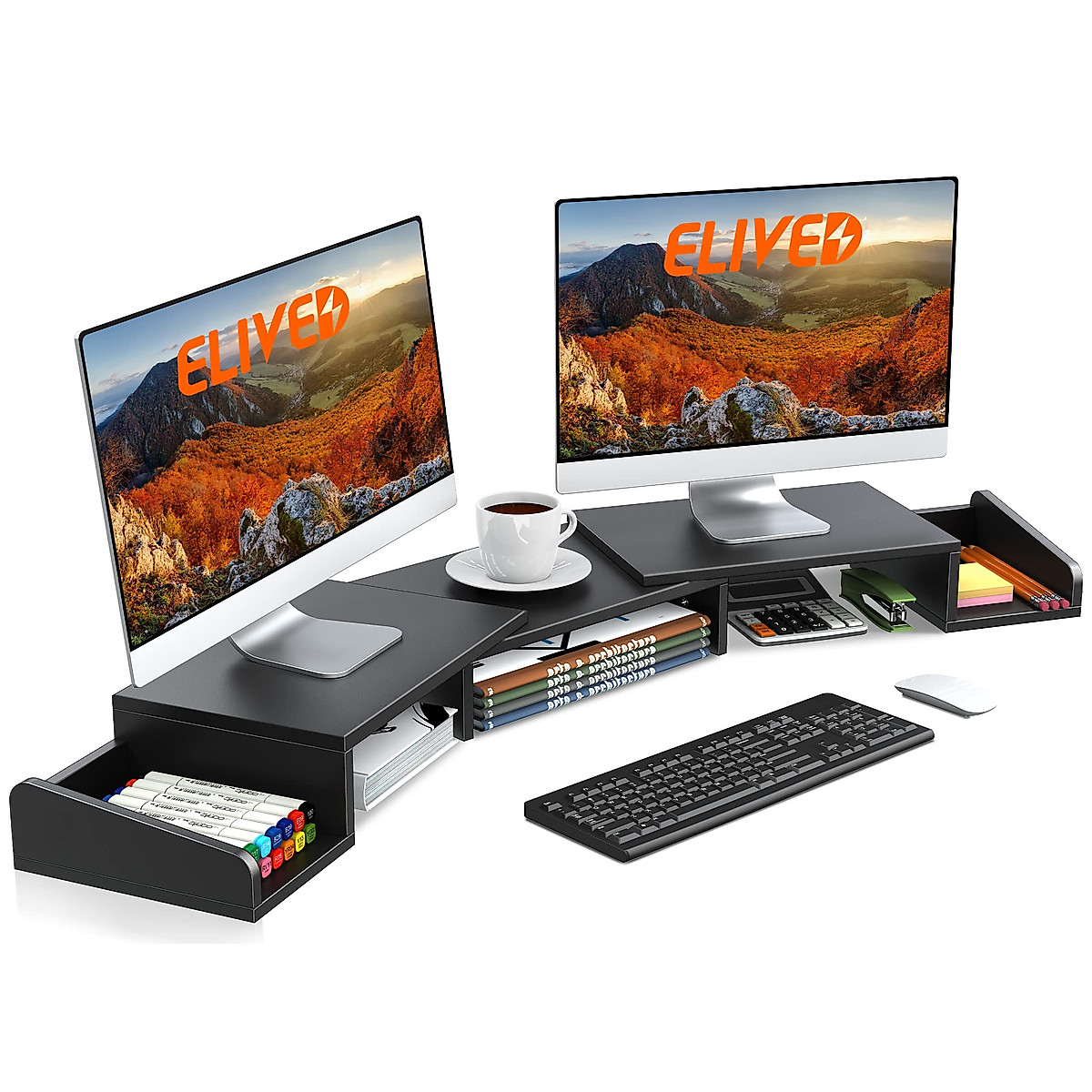 ELIVED Dual Monitor Stand Riser with Two Swivel Drawers, Monitor Stand with Adjustable Length and Angle, Monitor Riser for Desk, Desktop Organizer Stand for Computer, Laptop, Screen, Printer(Black)