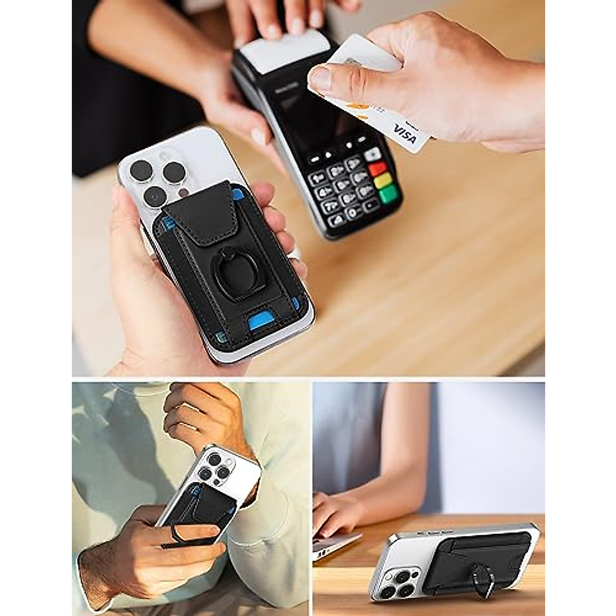 3-in-1 Magnetic Wallet with Phone Grip, Compatible with MagSafe Wallet and Phone Stand, Leather Privacy Flap, Magnetic Phone Wallet Holder with Phone Ring for iPhone 14/13/12 Series, 7 Cards, Black