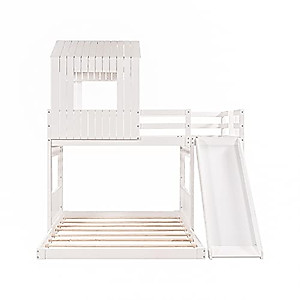 MERITLINE House Bed Bunk Beds with Slide Twin Over Full Size Bunk Bed Frame with Slide,Wooden Playhouse - Design Slide Bunk Beds Twin Over Full Bunk for Boys and Girls