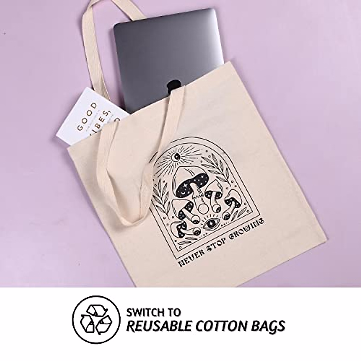 Folkulture Canvas Tote Bag with Zipper for Women | 16" x 15", 100% Cotton Reusable Grocery Bag with Pocket, Tote Bag Aesthetic for Men & Teens | Tote Bags for Work Travel Shopping (Never Stop Growing)