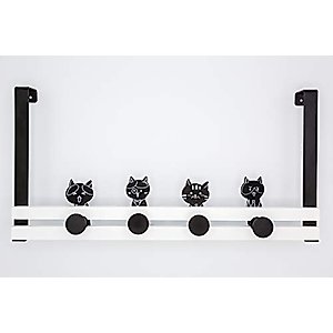 Creathome Over The Door Rail with 4 Peg Hooks, Lovely Cat Pattern, Black and White Style