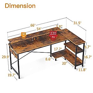 ODK Small L Shaped Desk, 66 inch Corner Desk with Reversible Storage Shelves, Computer Desk with Monitor Shelf and PC Stand for Home Office, Gaming Desk with Headphone Hooks, Rustic Brown