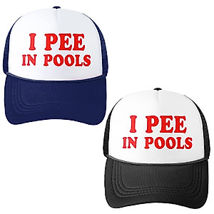 Jiuguva 2 Pieces Funny Trucker Cap I Pee in Pools Hat American Flag Hat Retro Funny Baseball Cap Adjustable Mesh Adult Hat (Black, Navy,Funny)
