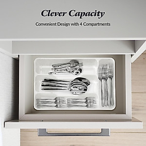Milageto Cutlery Tray Multifunction Fittings with 4 Compartments Organizer Cutlery Storage Box for Flatware Silverware Stationery Kitchen Drawer , White