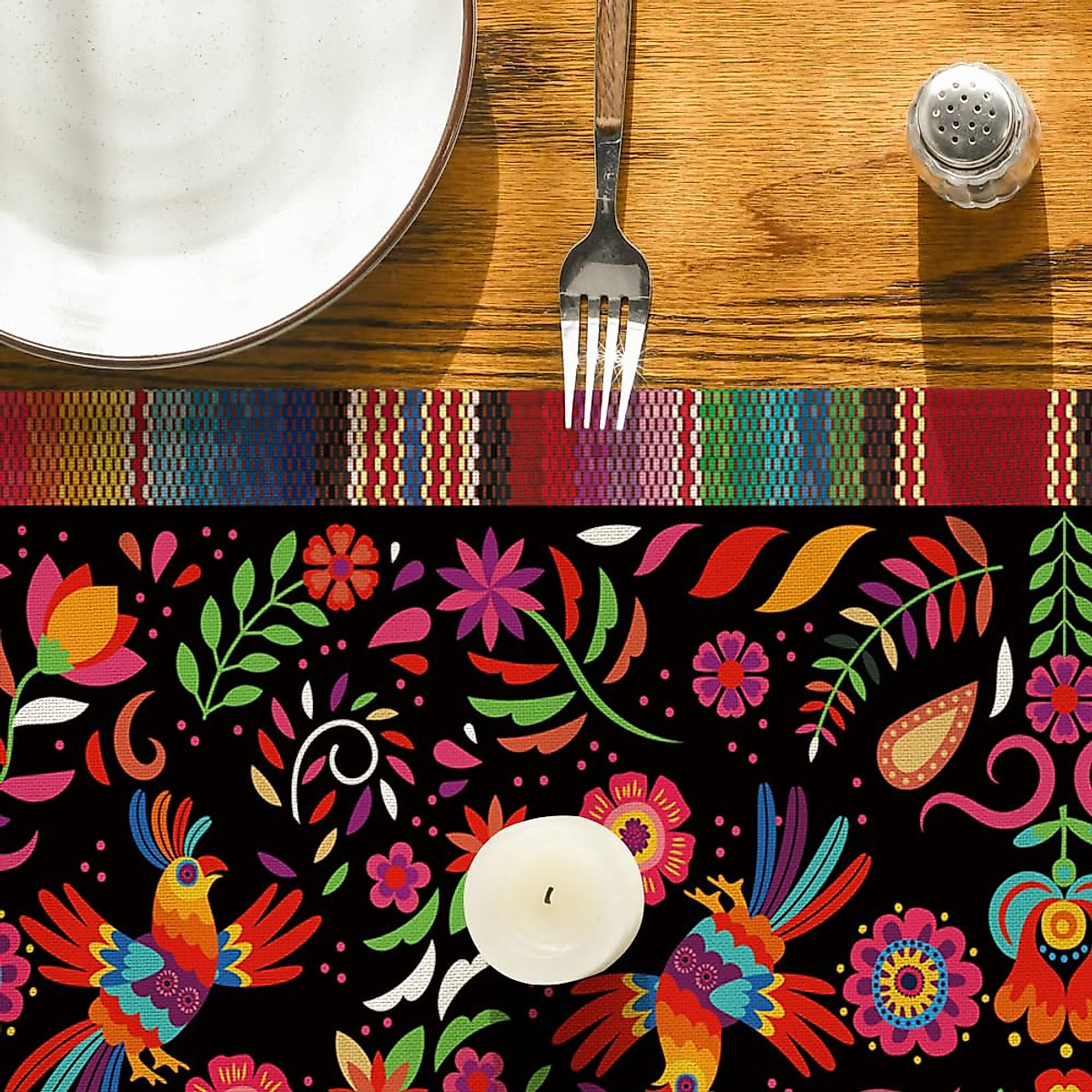 Artoid Mode Bird Dia De Los Muertos Serape Mexican Fiesta Table Runner, Cinco De Mayo Day of The Dead Kitchen Dining Table Decoration for Home Party Decor 13x72 Inch