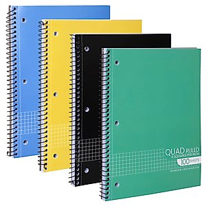 Graph Paper Spiral Notebook - Graph Paper Notebook Spiral, Quad Ruled Grid Notebooks, Perforated Pages - 10.5 X 8 Inches - 1 Subject Wirebound Notebook - Assorted Colors - 100 Sheets per Book - (4