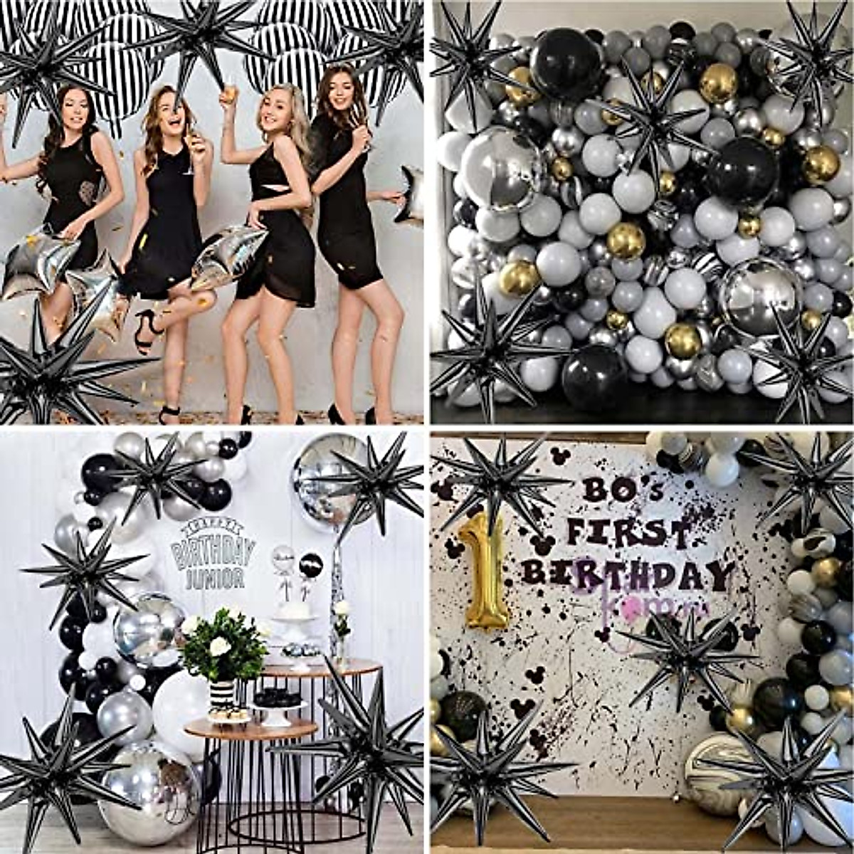 Cadeya 8 Pcs Star Balloons, Huge Black Explosion Star Aluminum Foil Balloons for Birthday, Baby Shower, Wedding, Bachelorette Party, Black Party Decorations Supplies