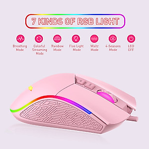 havit RGB Gaming Mouse Wired Programmable Ergonomic USB Mice 4800 Dots Per Inch 7 Buttons & 7 Color Backlit for Laptop PC Gamer Computer Desktop (Pink)