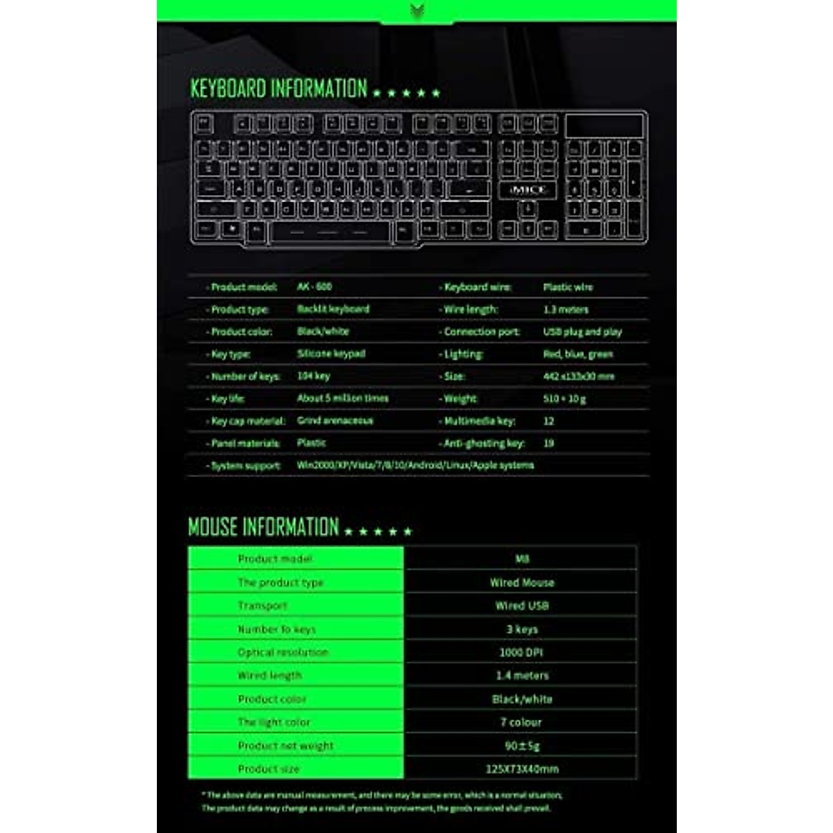 LLEURE Gaming Keyboard Rainbow Keyboard + Mouse,Desktop Notebook Floating Keycap Backlit Gaming Mouse and Keyboard,104 Key USB Wired Keyboard,Illuminated Keypad