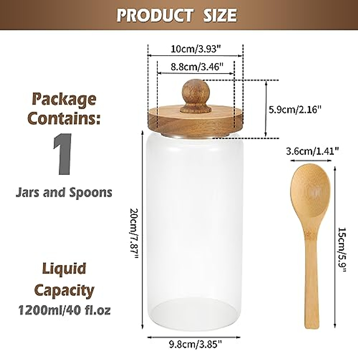 Patoper Glass Coffee Jars with Spoons 40oz /1200ml,Clear Storage Canister with Wooden Lid Round Glass Food Jar for Pantry Sugar Tea Coffee Bean Spice Nuts (Bead Lid-40oz-1 PACK)