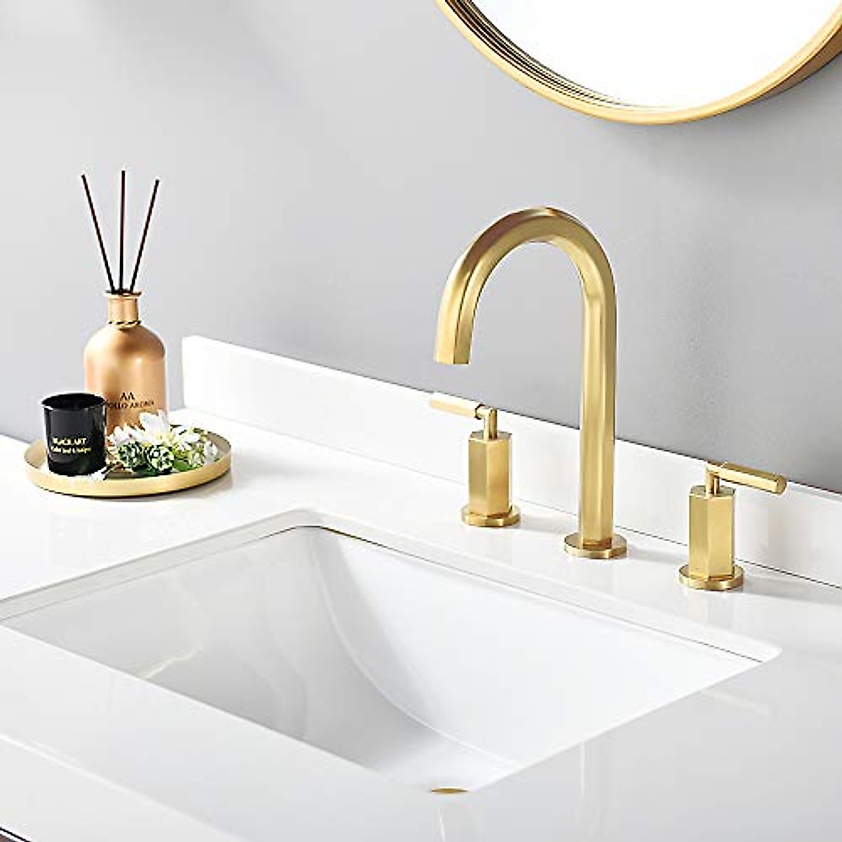 Phiestina Widespread Brushed Gold 8 Inch 2 Handles 3 Holes Hexagonal Widespread Bathroom Faucet, Bathroom Sink Faucet with Stainless Steel Metal Pop Up Drain,NS-WF001-6-BG