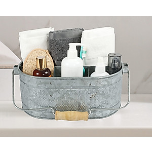 Rustic Fahmouse Galvanized Food Kitchen Utensil Holder, Picnic Drink Serveware Caddy, Multipurpose Vintage Storage Bin With Handle For Dining Table Bathroom Gardening- 12 Inch - Antique Silver