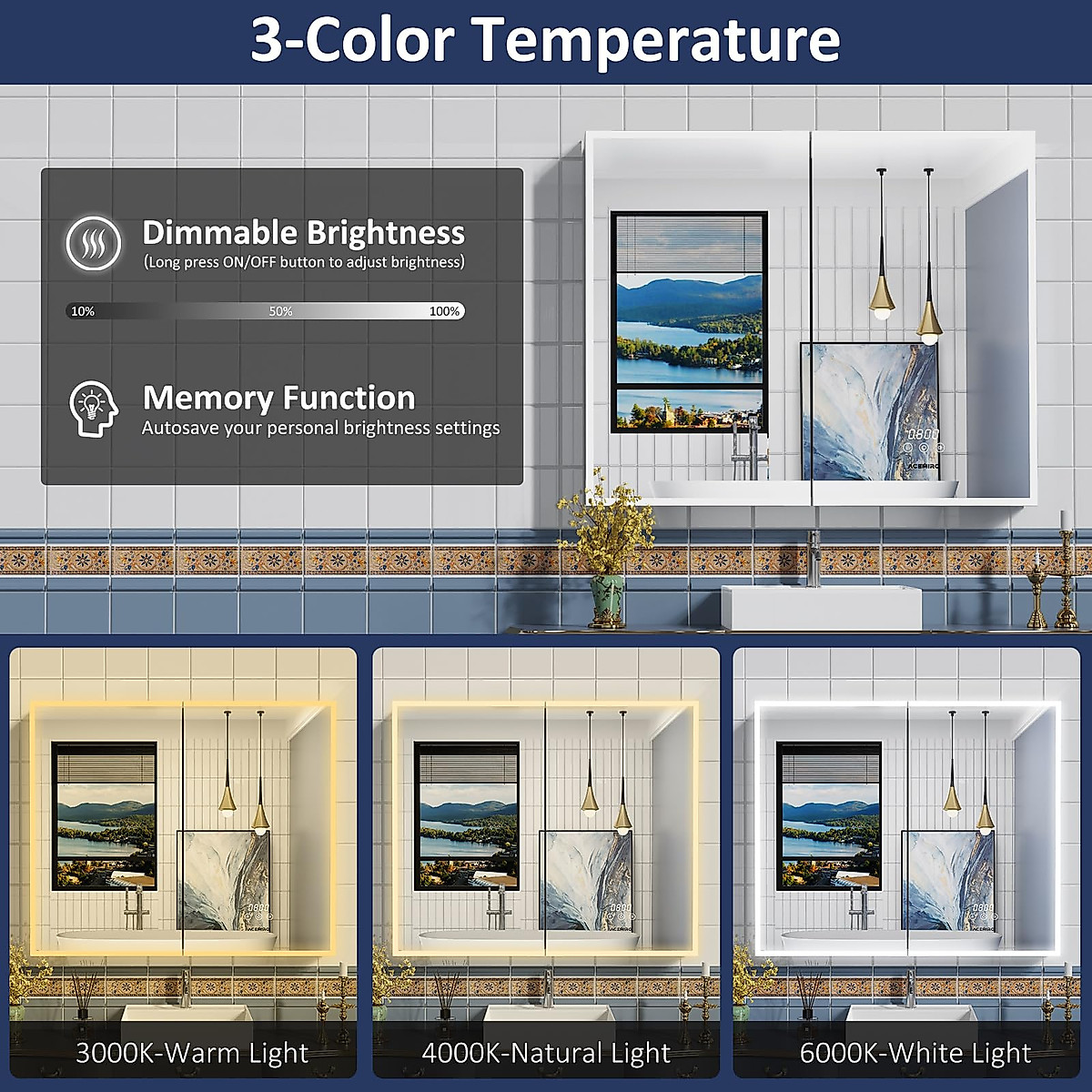 Lighted Medicine Cabinet with Mirror 36×30 Inch, Surface or Recessed Medicine Cabinet with Lights, Clock&Temp Display, Defogger, Dimming, LED Bathroom Medicine Cabinet with Built-in Outlet & USB Ports
