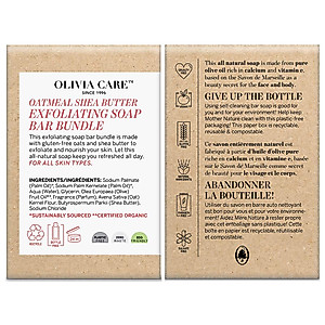 Olivia Care Exfoliating Bar Soap Pack by – 100% Natural & Organic - Infused with Shea Butter & Oats - Deep Clean, Refreshing, Moisturizing & Hydrating - Triple-Milled - X 5 OZ Oatmeal Shea Butter 3 Count (Pack of 3)