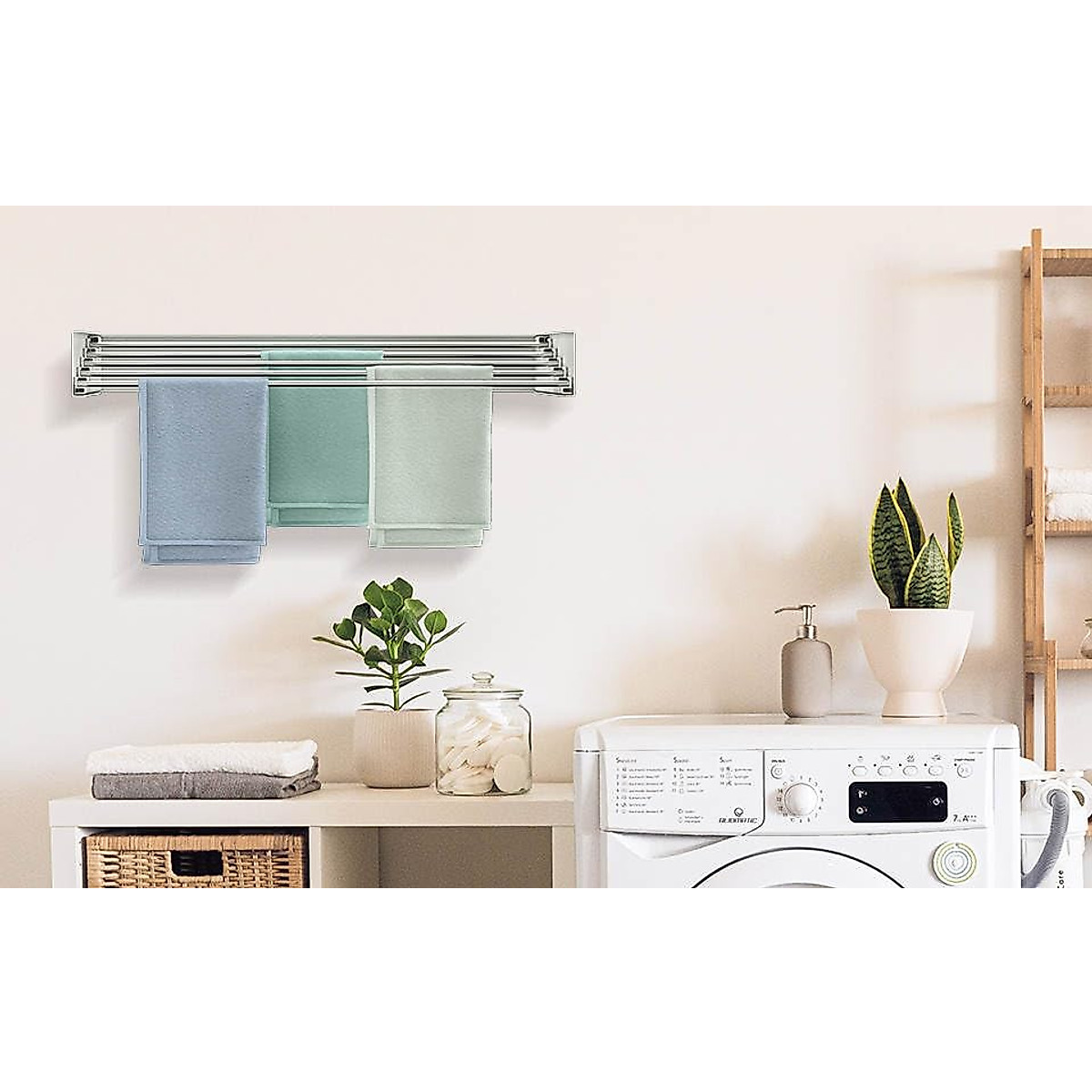 Rove Home Space Saving Wall Mounted Clothes Drying Rack | Retractable Wall Hanger Towel Holder | 5 Aluminum Rods, 40lb Capacity for Laundry Bathroom with Wall Template (32 Inches)