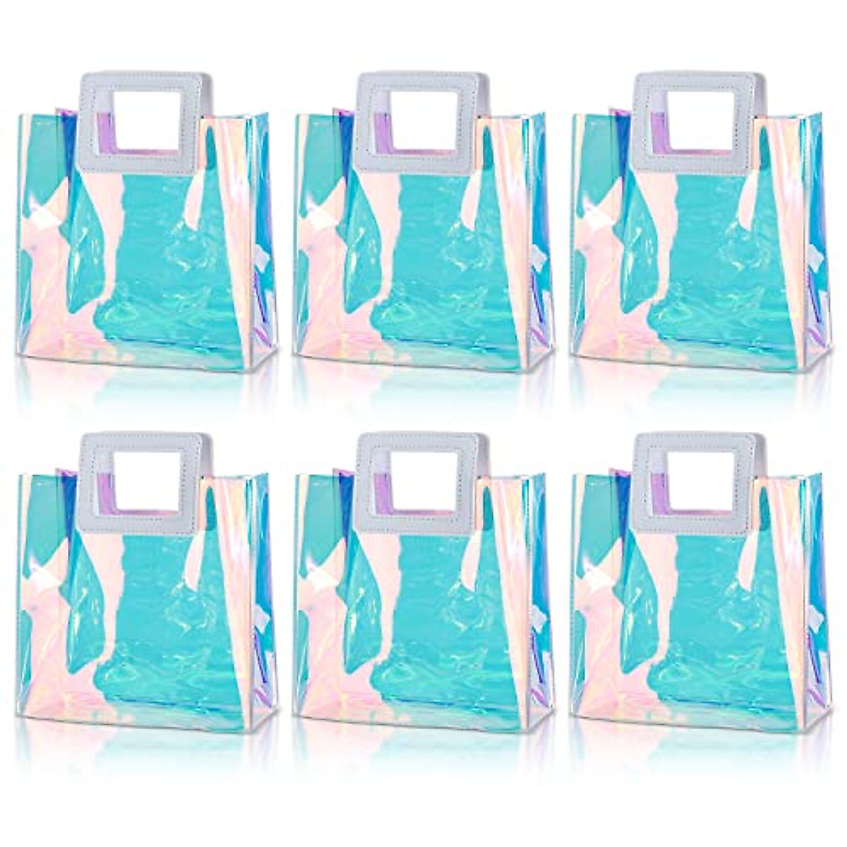 Seazoon 6 Pcs Holographic Small Gift Bag with Handle, Clear Iridescent Reusable Gift Bag, Heavy Duty Clear Party Favor Bags for Baby Shower Wedding Birthday Party Shopping JJ13-1