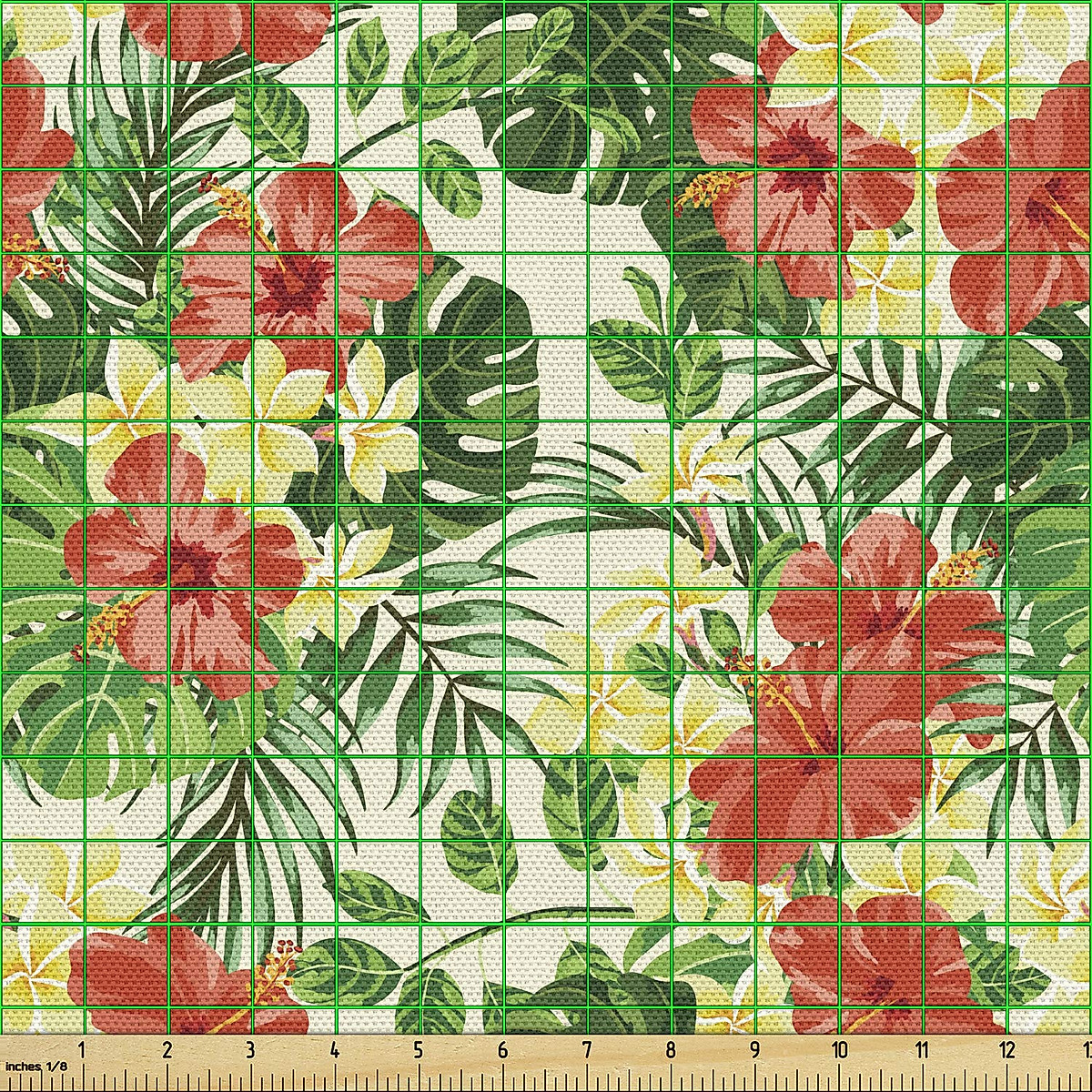 Ambesonne Tropical Fabric Material by The Yard, Exotic Floral Pattern with Plumeria Hibiscus Monstera Palms and Leaves, Decorative Accent for DIY Hobby Upholstery Projects and Home, 1 Yard, Red Yellow