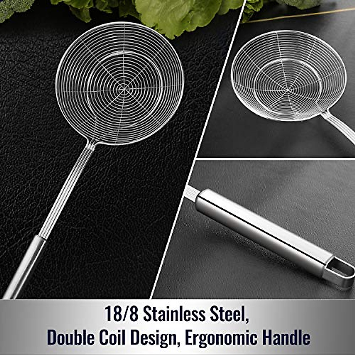 Hiware Solid Stainless Steel Spider Strainer Skimmer Ladle for Cooking and Frying, Kitchen Utensils Wire Strainer Pasta Strainer Spoon, 5.4 Inch