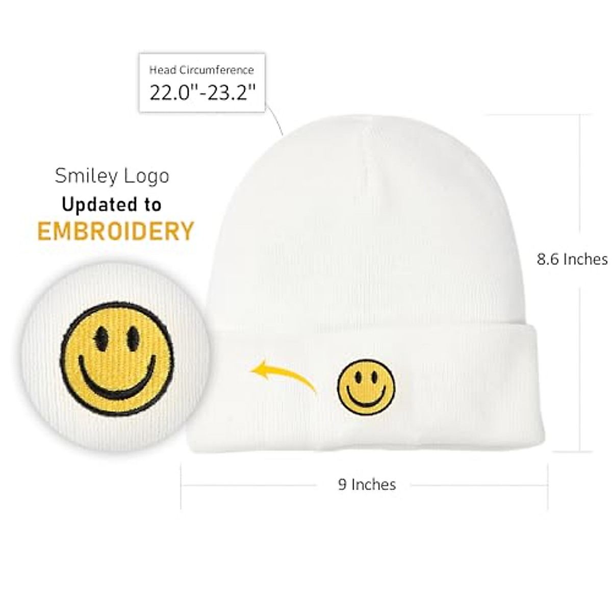 SONMONY Smile Face Beanie Hats for Women Mens Winter Knit Beanies Soft Cuffed Warm Smile Stretchy Beanies Hat… White