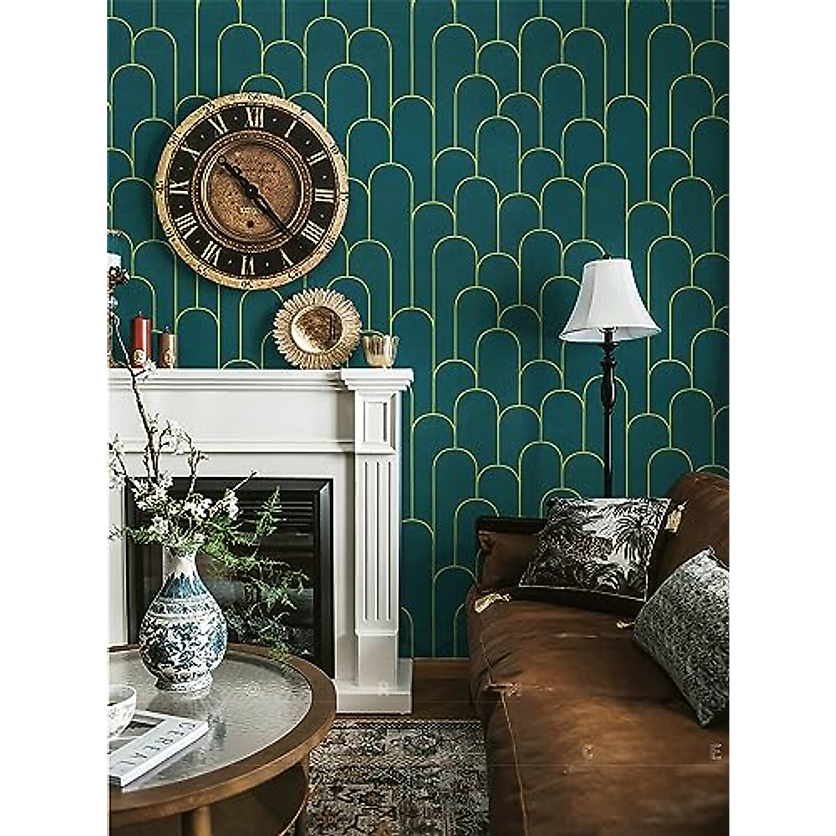 Peel and Stick Wallpaper Green and Gold Geometric Contact Paper Green and Gold Self-Adhesive Wallpaper Removable Modern Stripe Wallpaper for Walls Covering Waterproof Vinyl Rolls 17.3''x118''