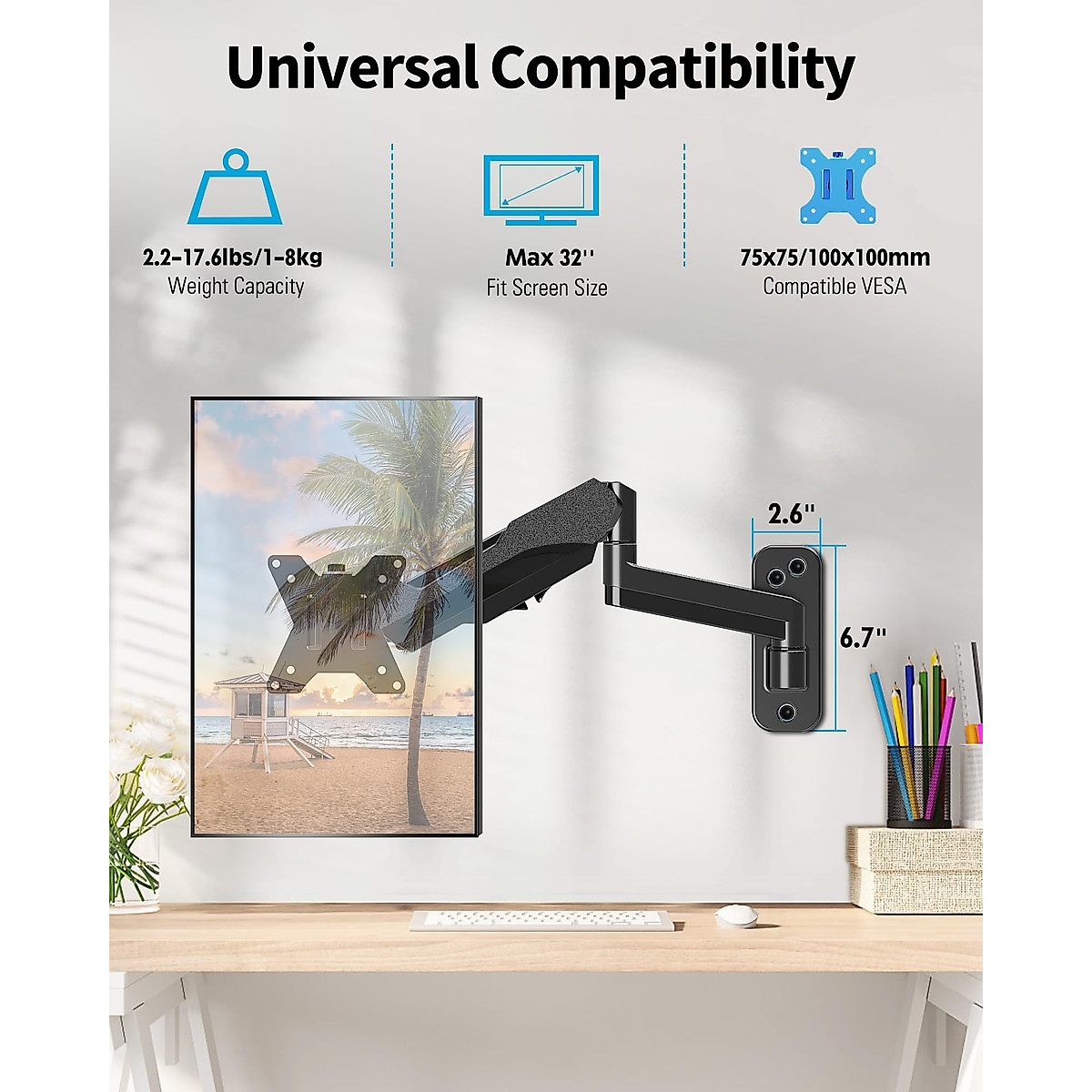 MOUNTUP Single Monitor Wall Mount for Max 32 Inch Computer Screen, Fully Adjustable Gas Spring Monitor Arm, Wall Mounted Monitor Holder Support 2.2-17.6lbs Display, VESA Bracket Fit 75x75mm, 100x100mm