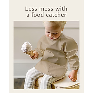 WILLOW + SIM Long Sleeve Baby Bibs - Wipe Clean, Washable with Food Catcher - Long Sleeve Bib for Babies, Toddler - Irish Cream