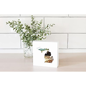 Michigan State Shape Picture, JoyRide Home Decor Wood Block Sign, 5"x5" Freestanding, Shelf or Wall Displayed, Artist Designed Home Décor.