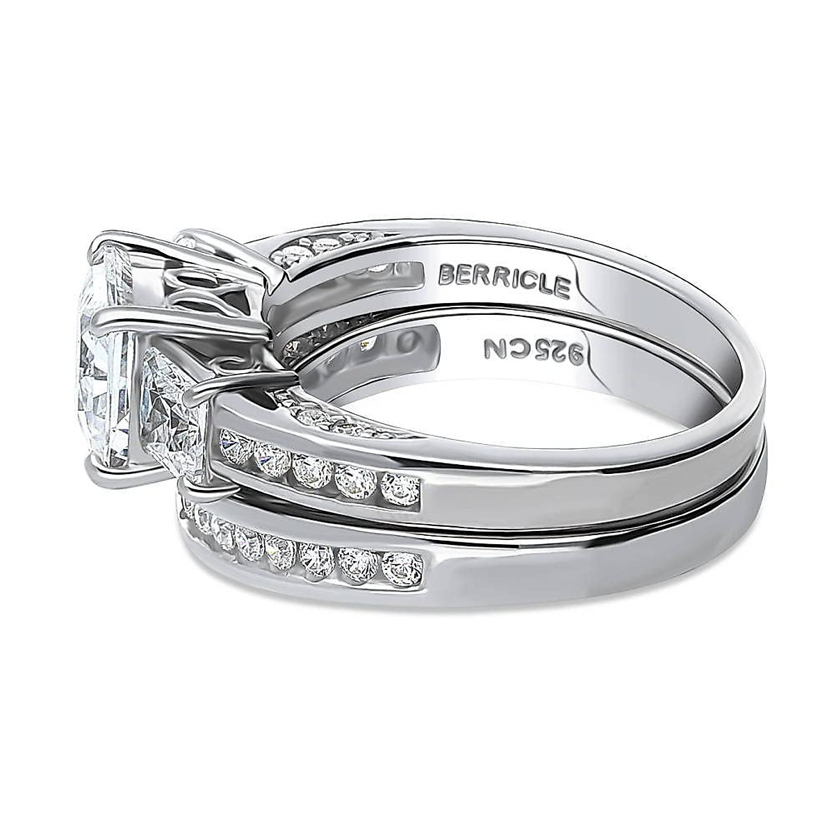 BERRICLE Sterling Silver 3-Stone Wedding Engagement Rings Princess Cut Cubic Zirconia CZ Ring Set for Women, Rhodium Plated Size 8