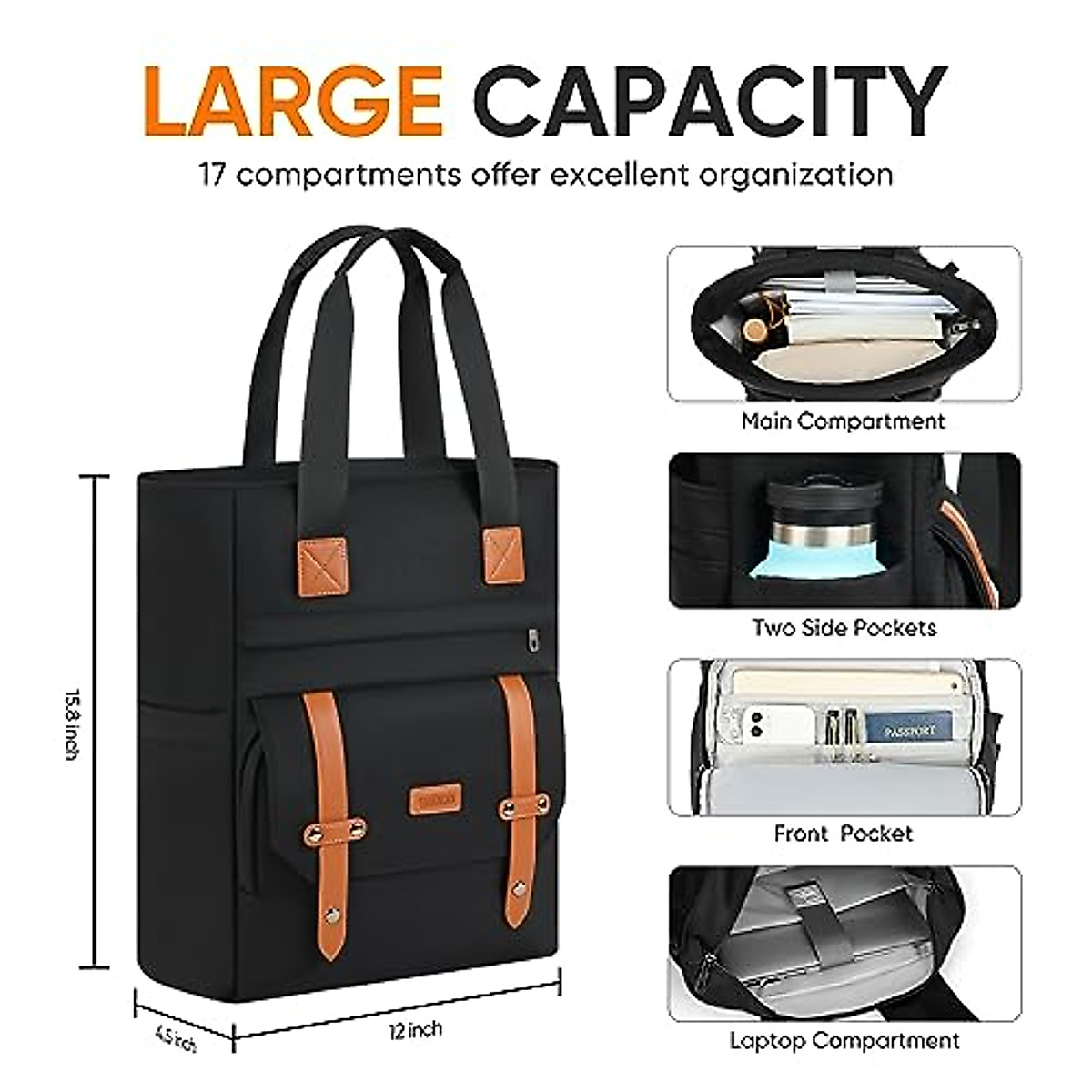 SOVICO Large 17 Inch Laptop Backpack for Women, Teacher Backpack with USB Port, Convertible Travel Backpack, Nurse/College/Work Backpack for Travel and Work-Black