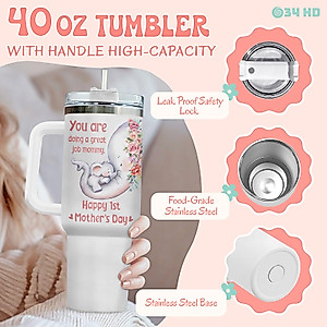 34HD First Mothers Day Gifts, Elephant Mom Tumbler with Handle and Straw 40oz Stainless Steel, Cute Baby Animal Gifts for New Mom, Mama Coffee Travel Mug