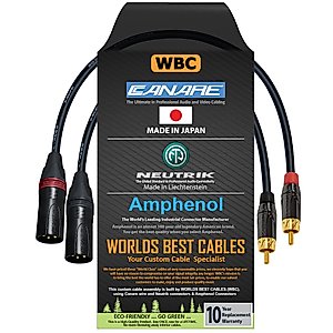 WORLDS BEST CABLES 1 Foot - RCA to XLR (Male) Cable Pair - Canare L-4E6S Star-Quad Audio Interconnect Cable & Amphenol ACPL RCA & Neutrik Male XLR Gold Plugs - CUSTOM MADE